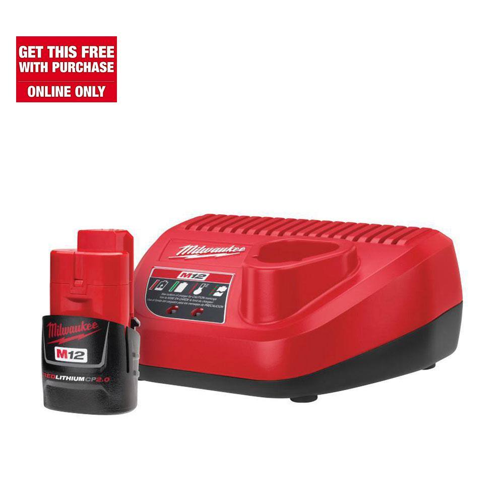 Milwaukee M12 12-Volt Lithium-Ion Compact Battery Pack 2.0Ah and Charger Starter Kit 48-59-2420 ...