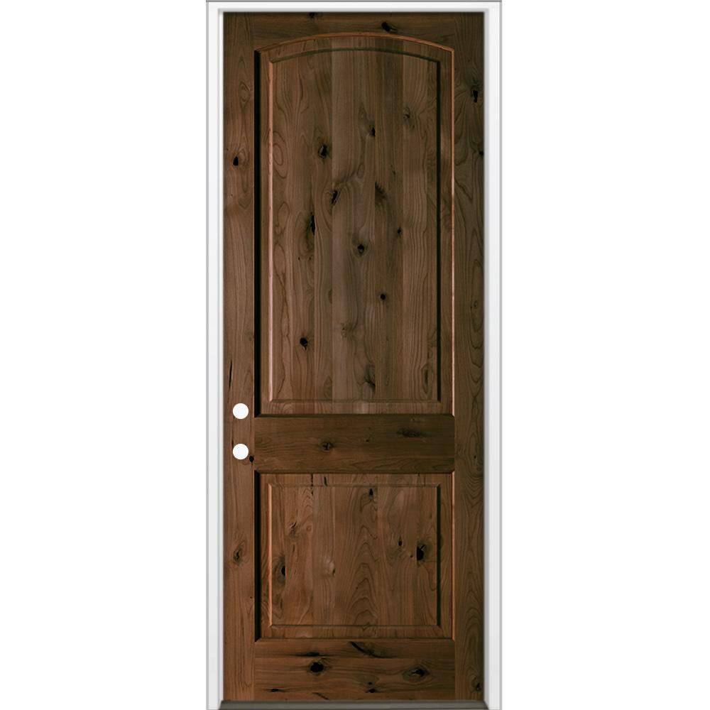 Krosswood Doors 36 in. x 96 in. Rustic Knotty Alder 2-Panel Arch Top Right-Hand/Inswing BEHR ...