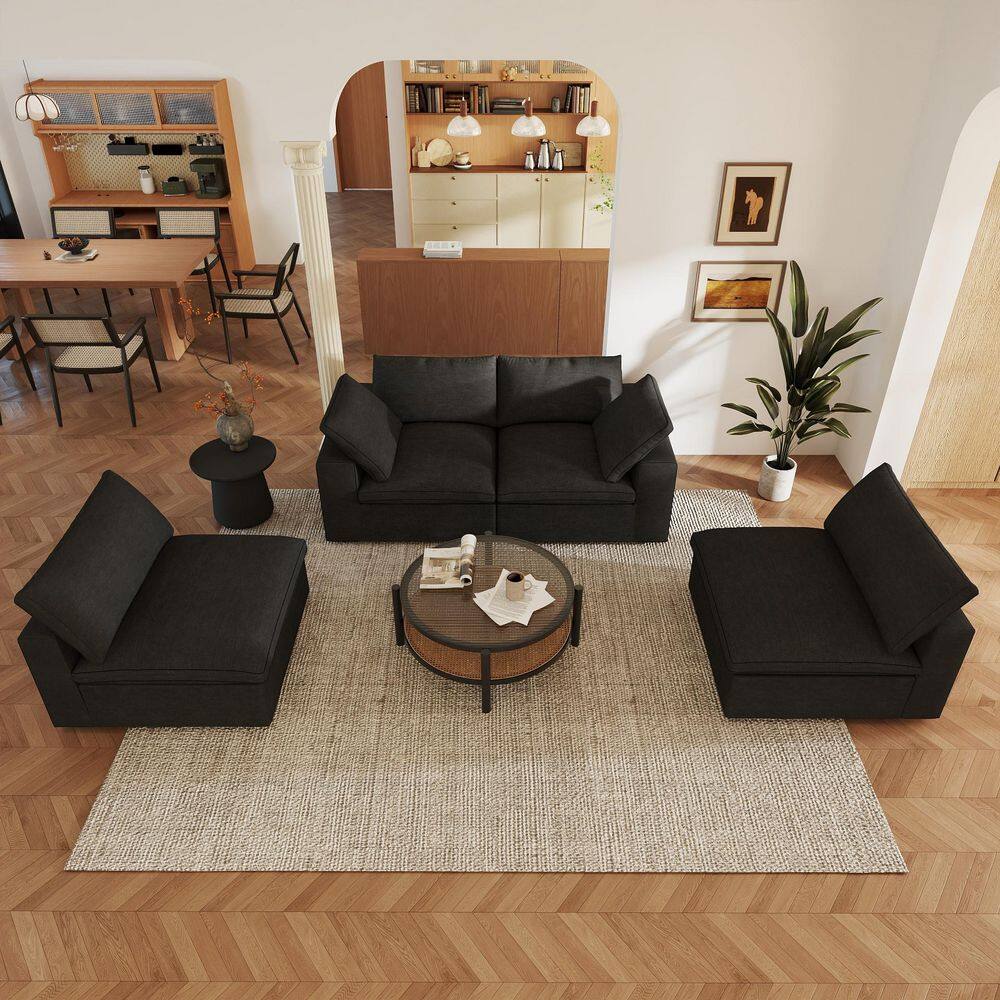 Magic Home Deep Seat Cloud Couches 4-Piece Black Linen Convertible ...