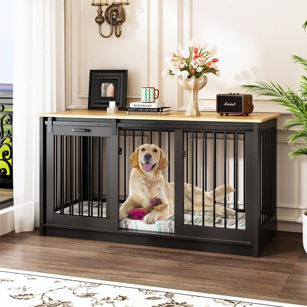 FUFU&GAGA Modern Large Wooden Dog Kennel Furniture, Pet Dog Cage with Sliding Door for Large ...