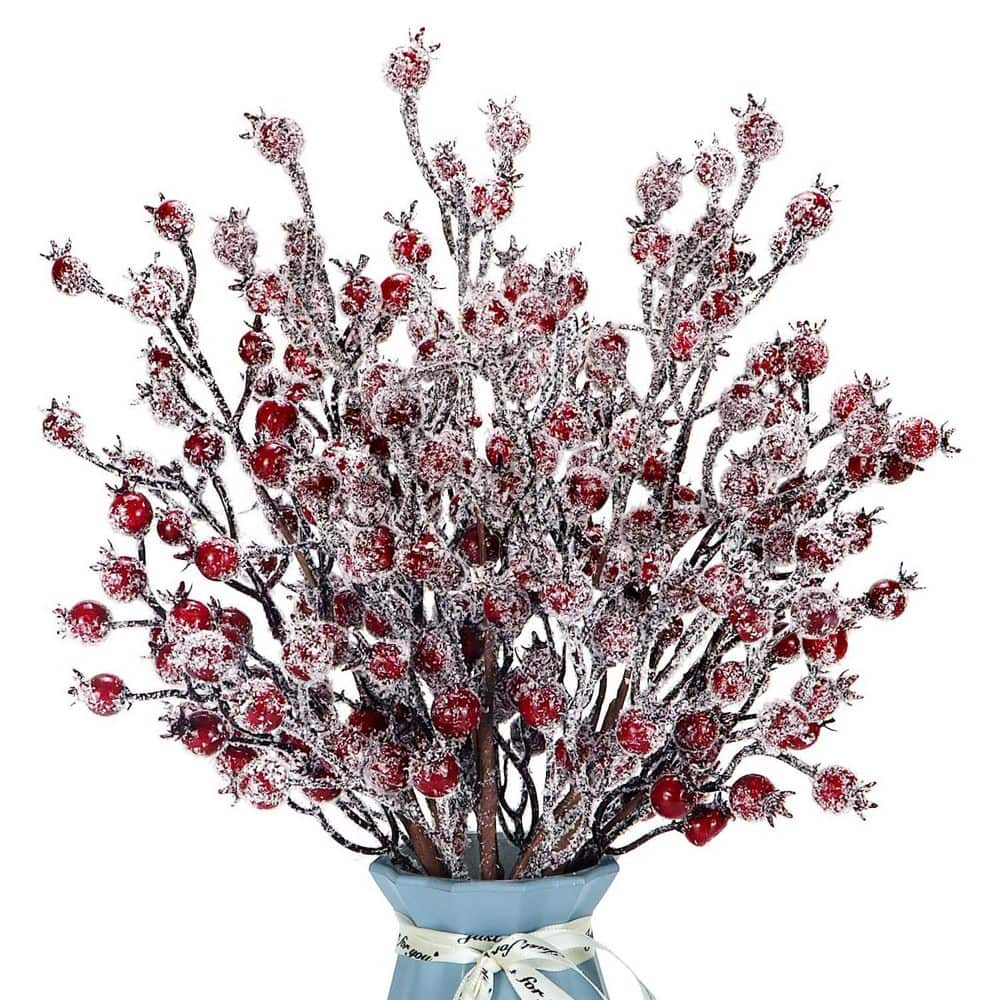 4 Pieces 16.2 in. Red Artificial Berry Stems Christmas Frosted Berries ...
