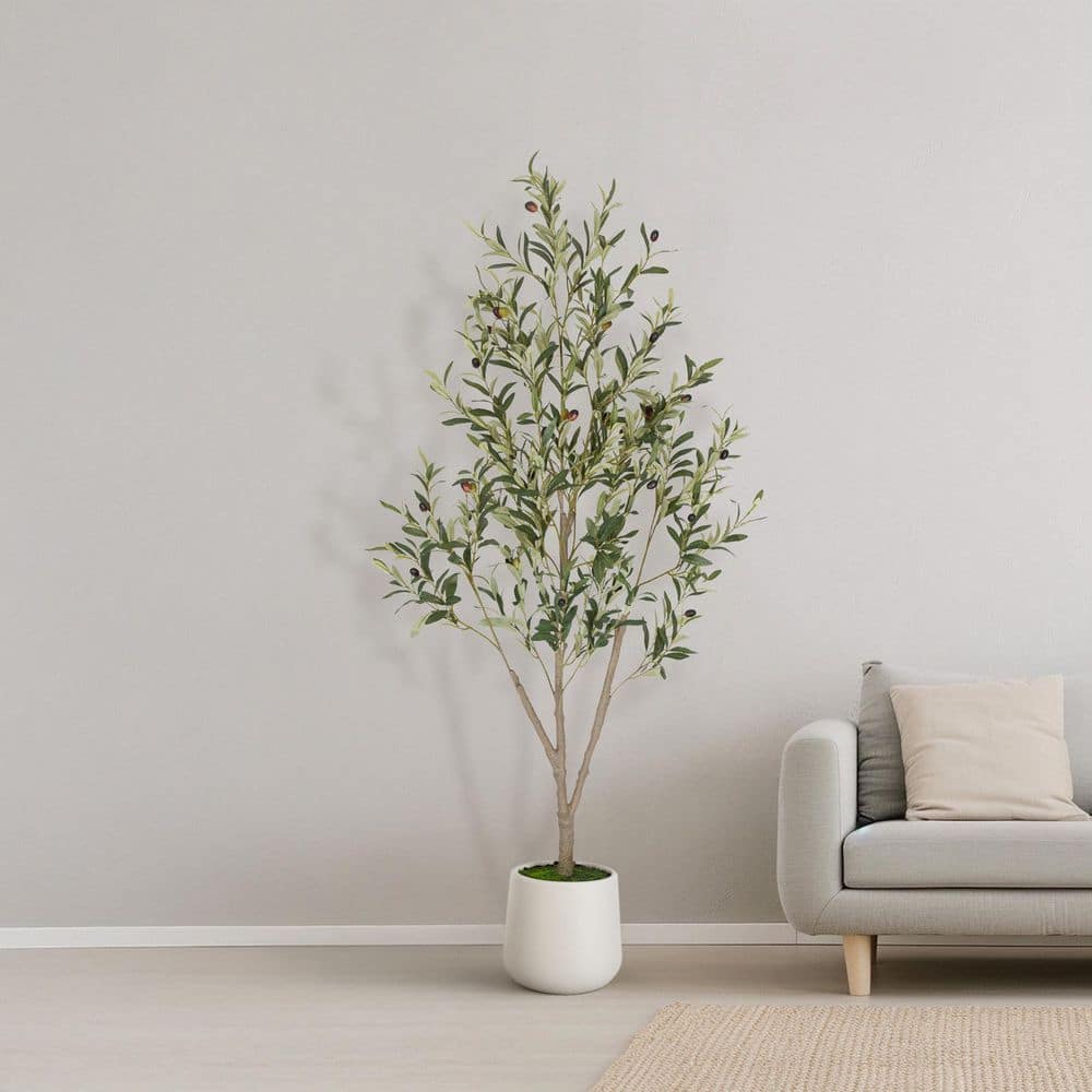 hykolity 5 ft. Artificial Olive Tree in White Pot Tall Faux Olive Tree Artificial Plants with ...