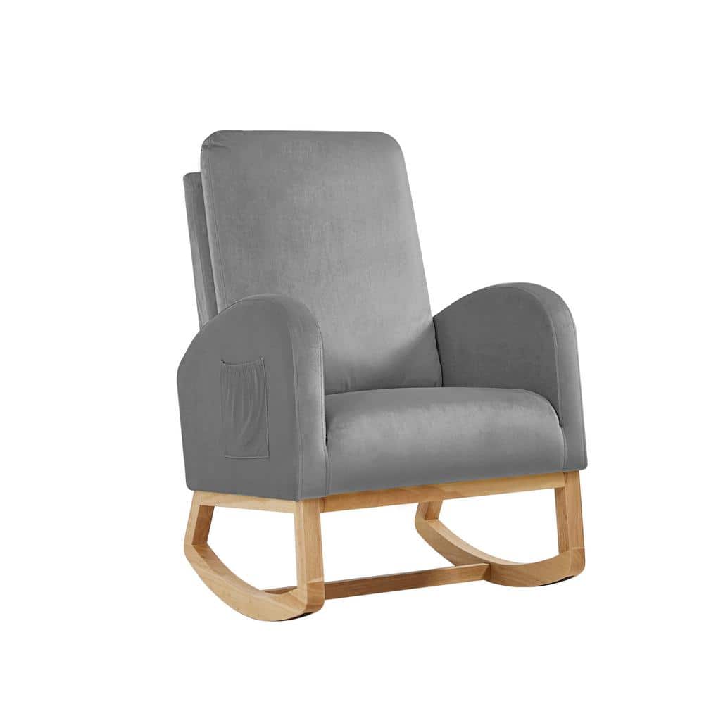 Grey Velvet Upholstered Rocking Chair for Nursery High Back Accent ...