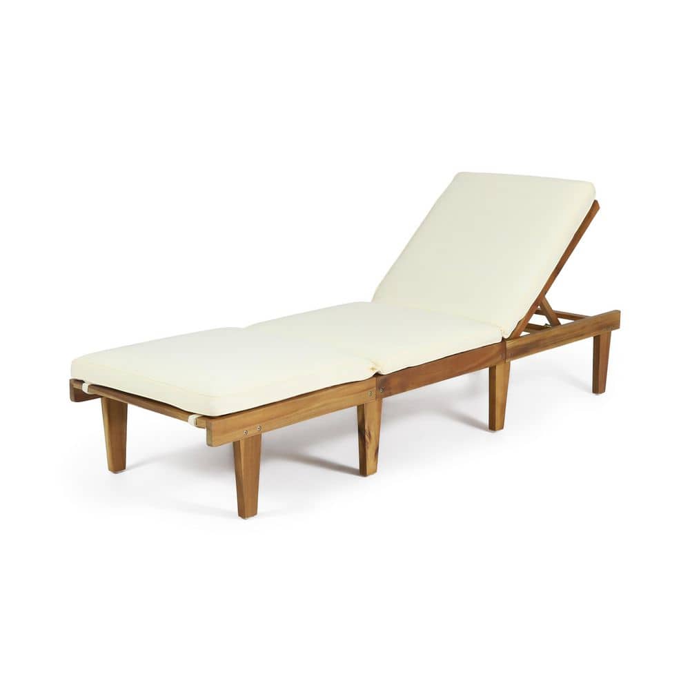1-PC Teak Finish Acacia Wood Outdoor Chaise Lounge with Beige Full ...