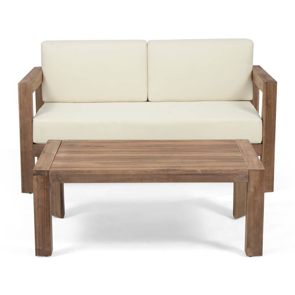 YOSIMFUR Beige + Brown Acacia Wood Outdoor Lounge Chair with WHite ...