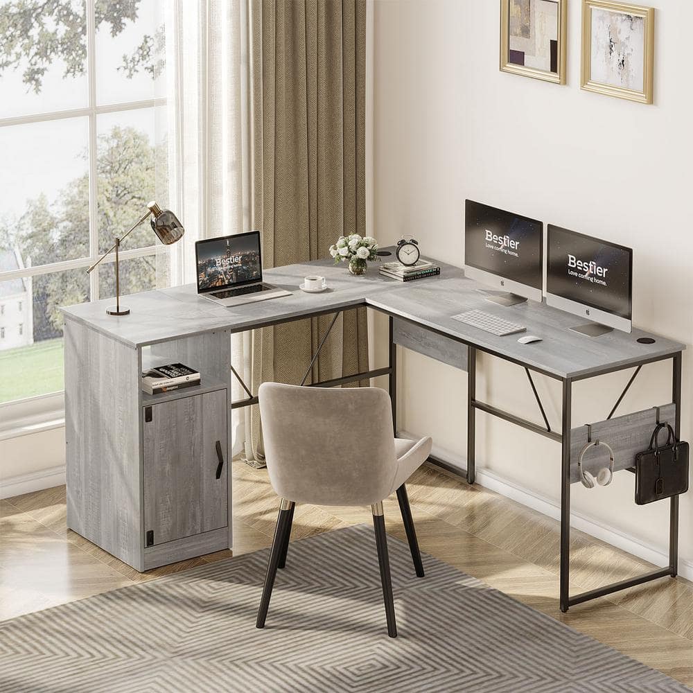 Bestier 60 in. L shaped Wash White Wood Desk with Cabinet and Hooks ...