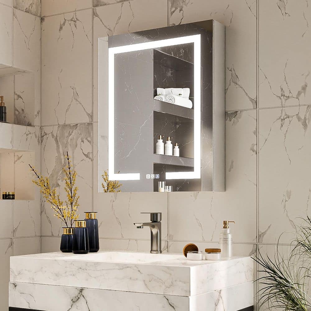 24 in. W x 30 in. H Silver Recessed/Surface Mount Lighted Medicine ...