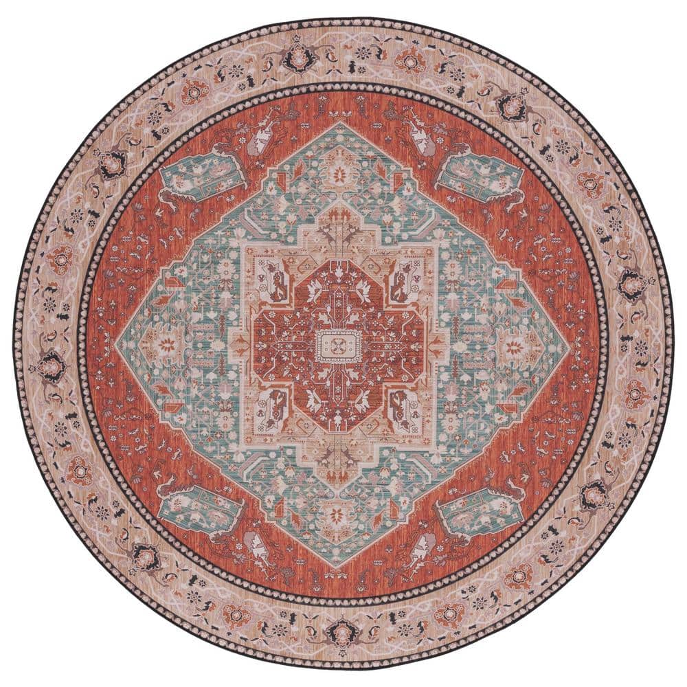 SAFAVIEH Tucson Aqua/Rust 8 ft. x 8 ft. Machine Washable Floral Border Round Area Rug TSN150J-8R ...