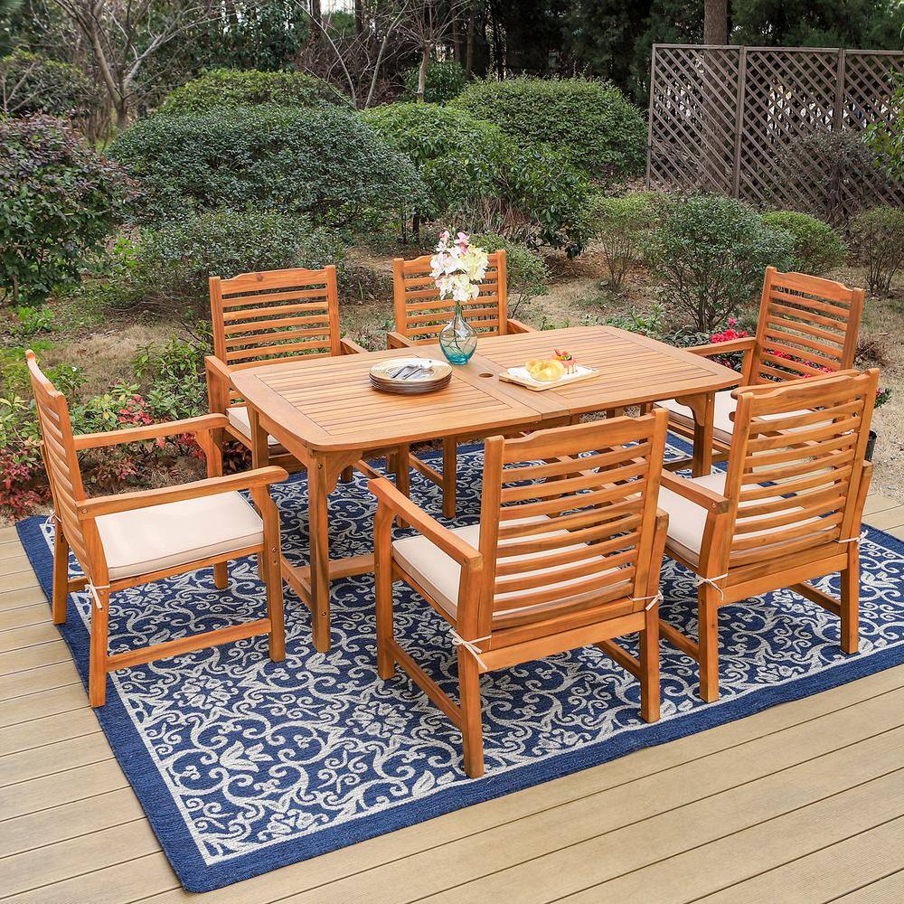 PHI VILLA Brown 7-Piece Wood Patio Outdoor Dining Set With Extendable ...