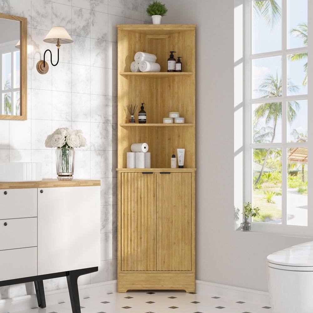 VEIKOUS 68 in. H Bamboo Corner Cabinet with Fluted Doors and Shelves ...