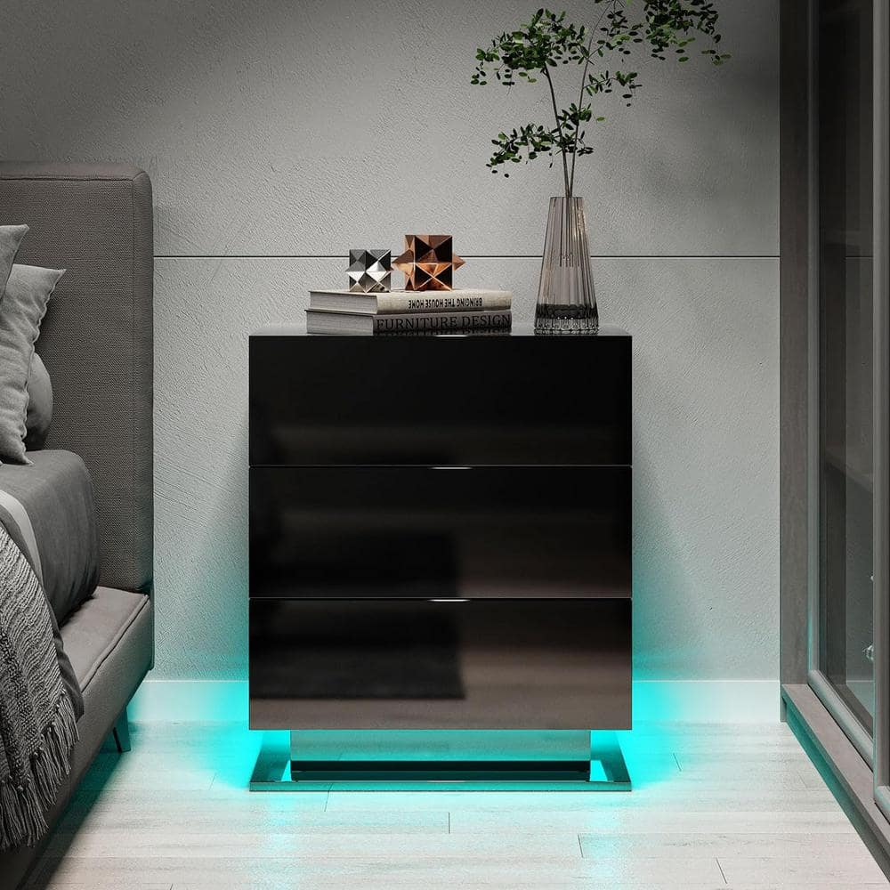 Boyel Living Modern Black Nightstand with 3 Storage Drawers and Led ...