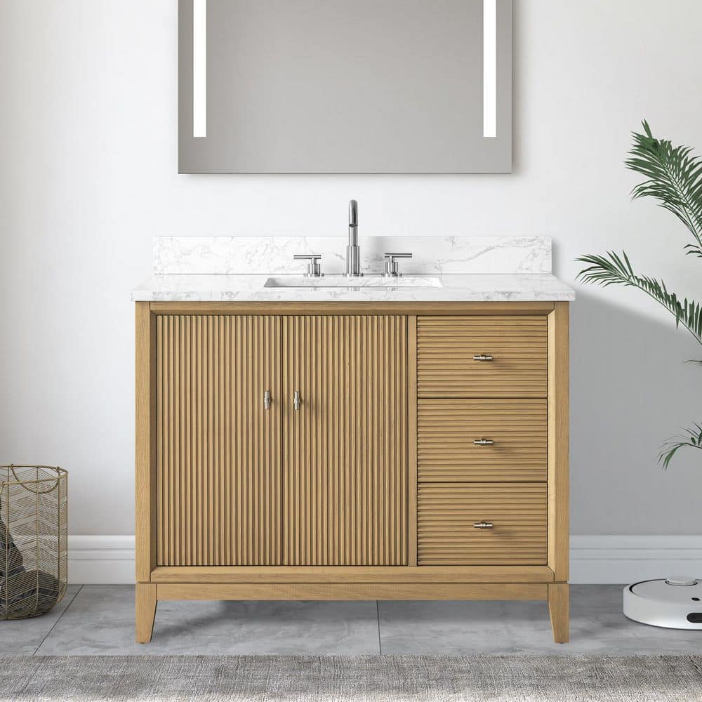 Vanity Art 42 in. W Single Sink Freestanding Natural Oak Bath Vanity Cabinet with Arabescato ...