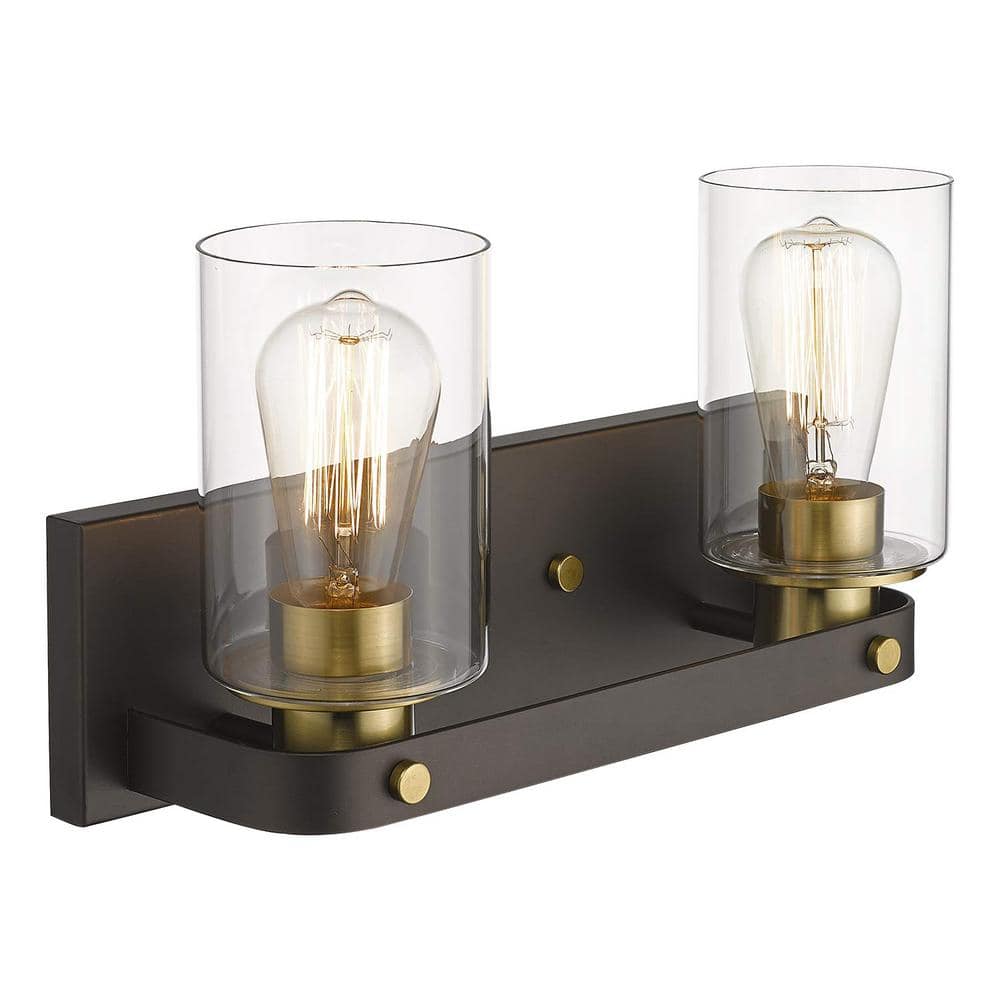 JAZAVA 15 in. 2-Light Oil Rubbed Bronze and Gold Vanity Light Over ...