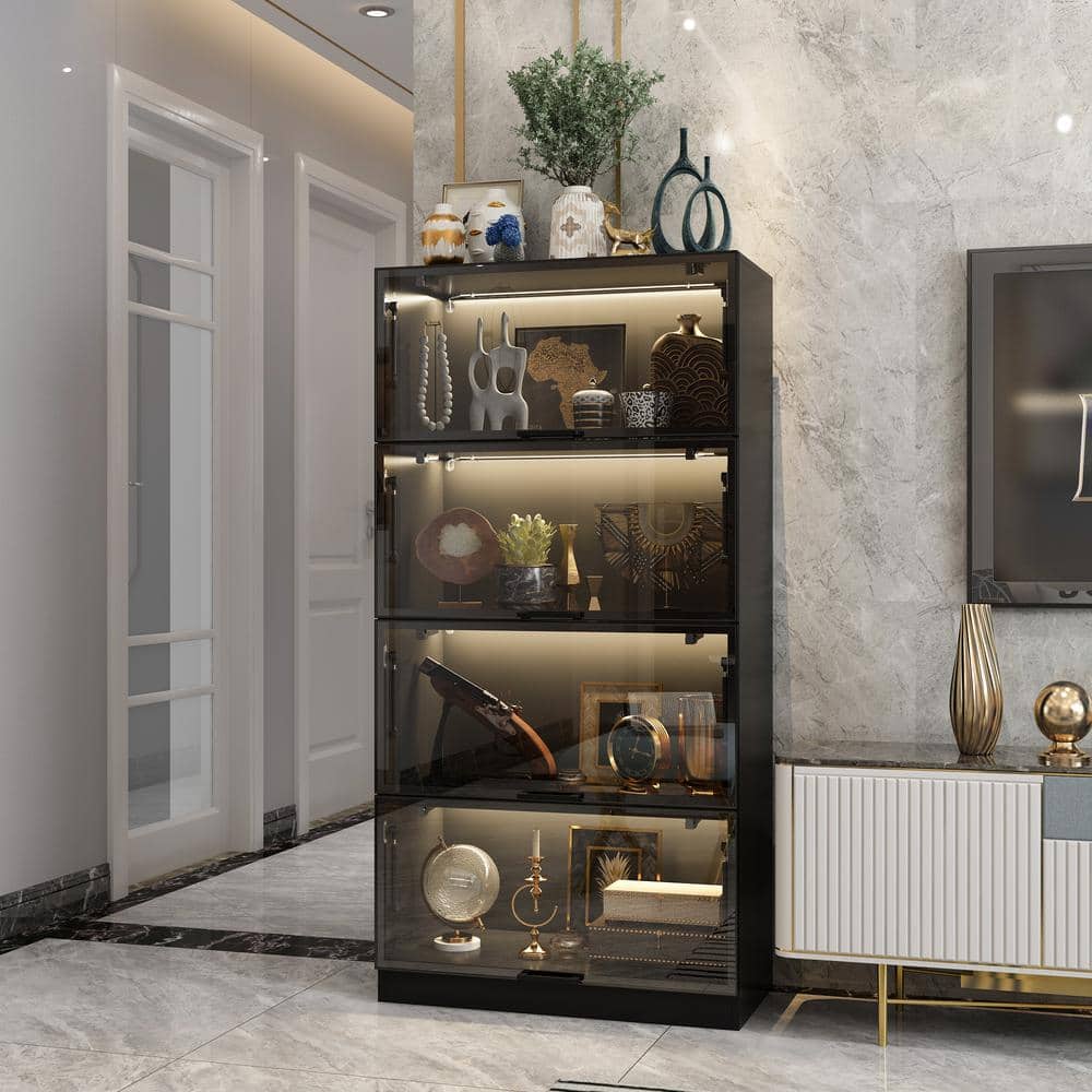 FUFU&GAGA 63 in. Tall Black Wood 4-Shelf Bookcase Bookshelf with Flip ...