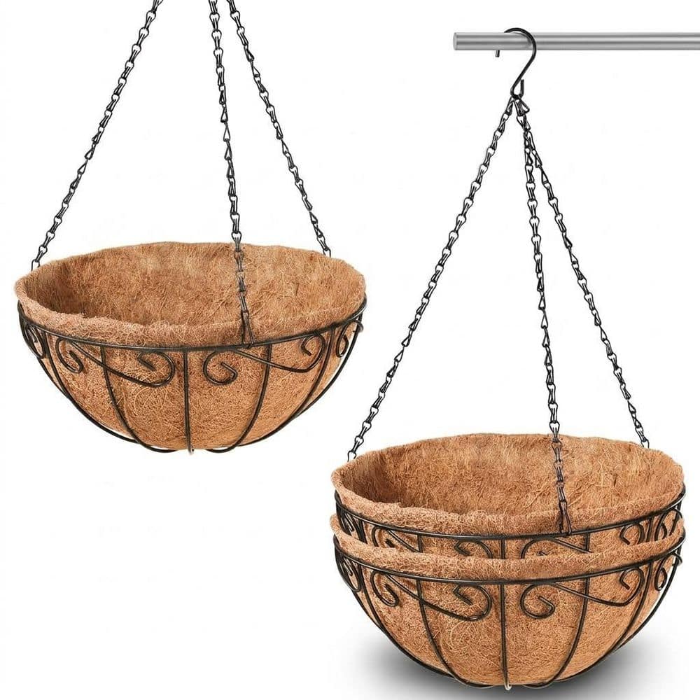 10 in. Black Metal Hanging Planter with Coconut Coir Liner for Outdoor ...