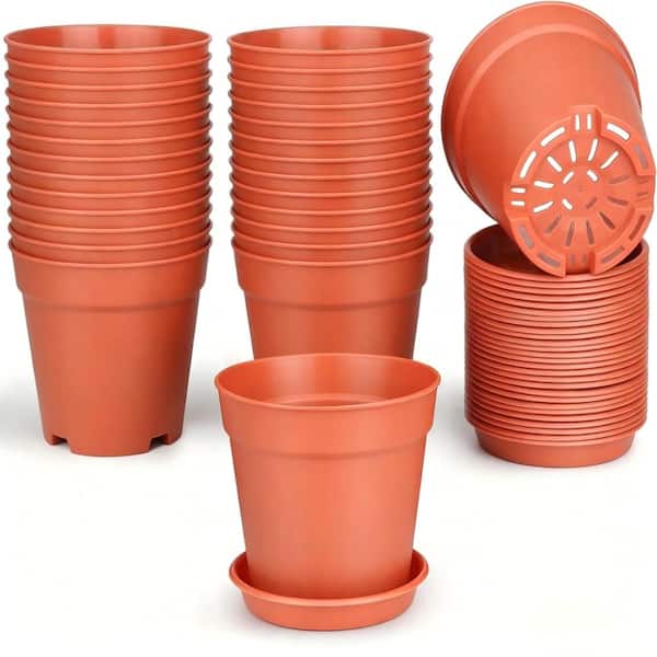 4 in. Plastic Plant Pots with Drainage Holes and Saucers, Terracotta ...