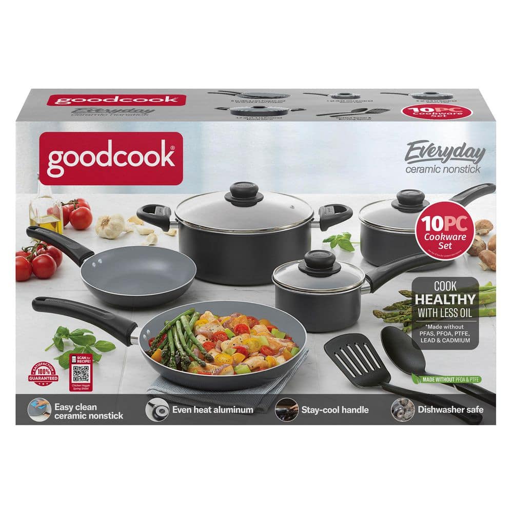 GoodCook Everyday Ceramic Nonstick, 10pc Cookware Set, Black 06113 ...