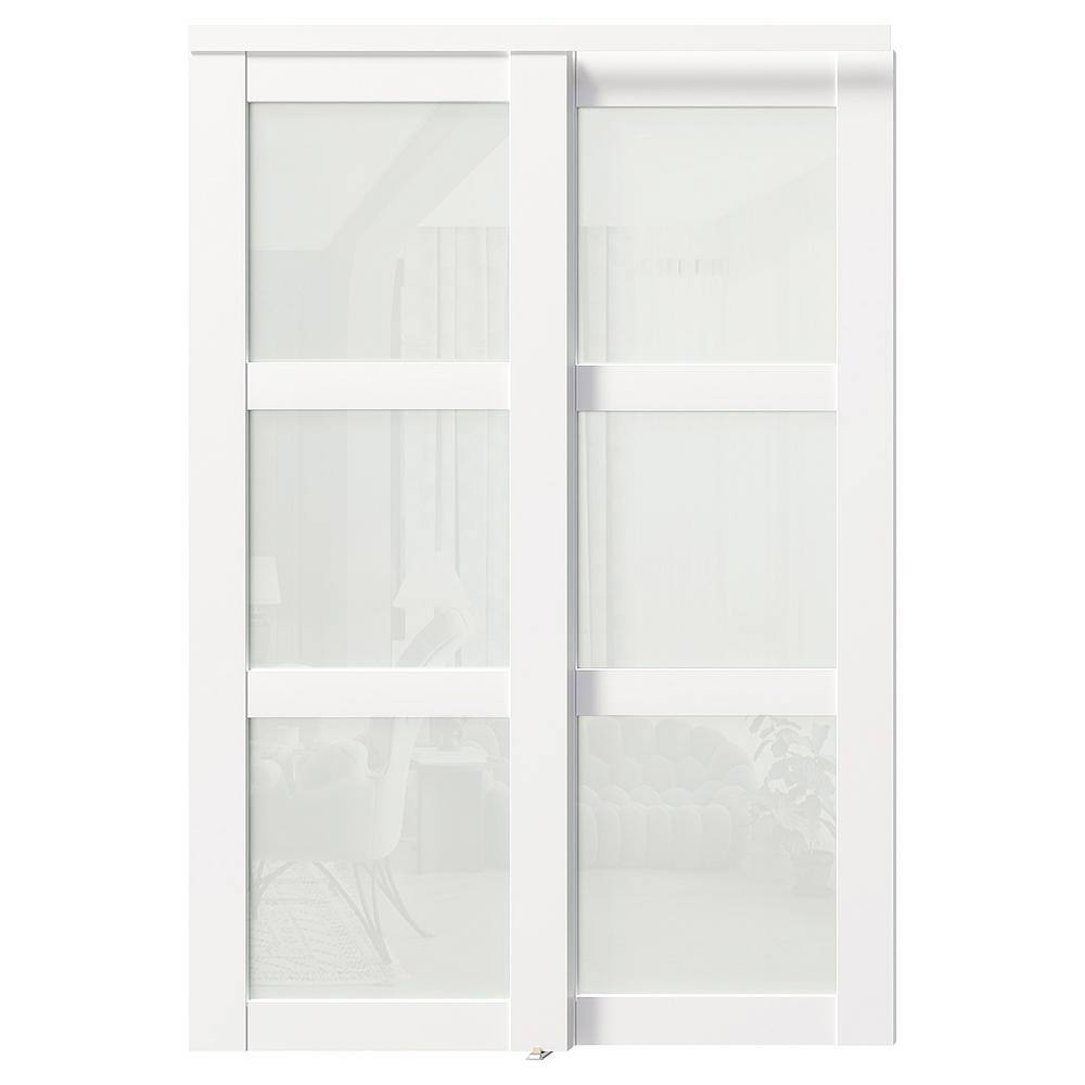 TENONER 60 in. x 80 in. MDF, White Double Frosted 3-Panel Glass Sliding ...
