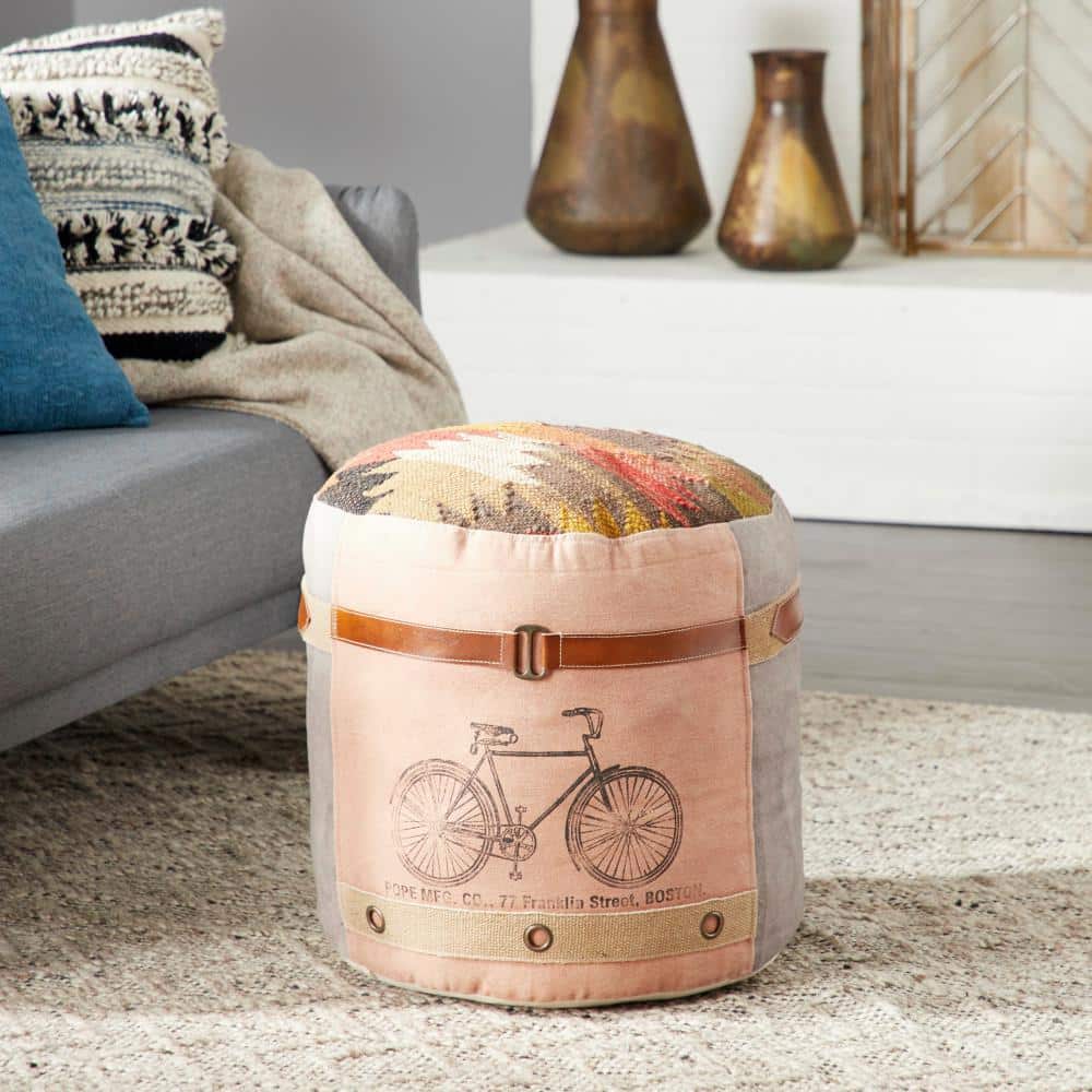 19 in. Multi Colored Canvas with Tribal Patterned Top Bike Pouf