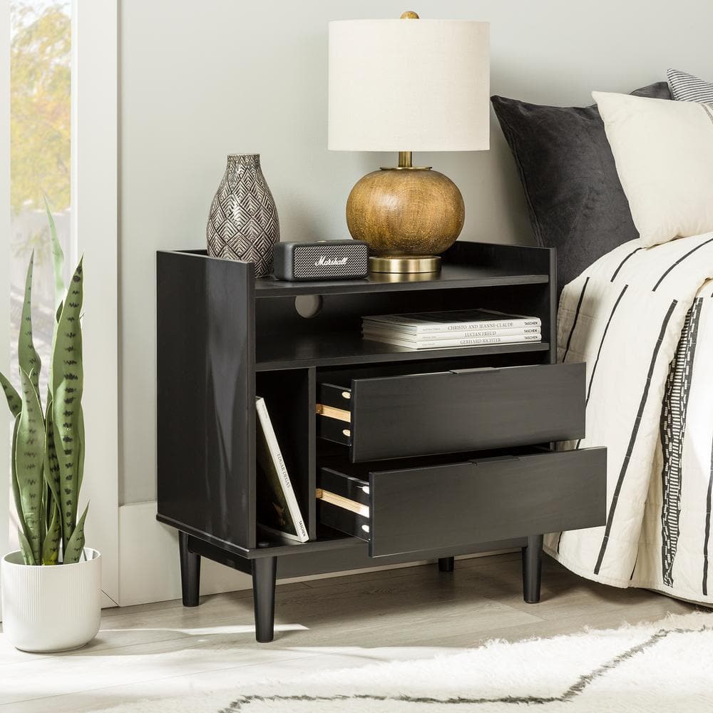 Walker Edison Furniture Company 2-Drawer Black Solid Wood Mid-Century ...