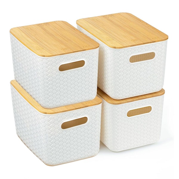 Afoxsos White 7 in. x 6.5 in. Plastic Storage Bins with Bamboo Lids ...