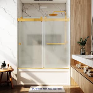 MCOCOD 56-60.5 in. W x 66 in. H Single Sliding Frameless Soft Close Tub Door in Matte Black with ...