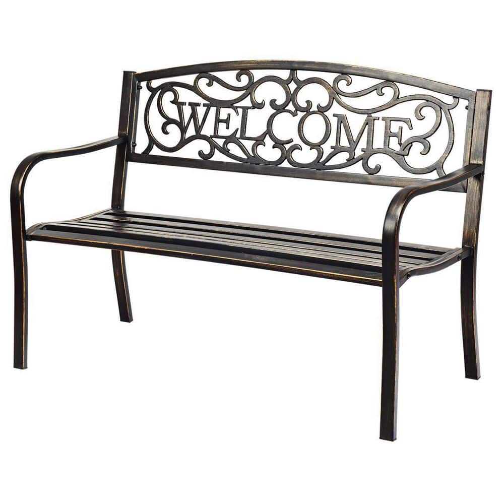 Alpulon Black Metal Outdoor Patio Bench with Cast Iron "Welcome ...