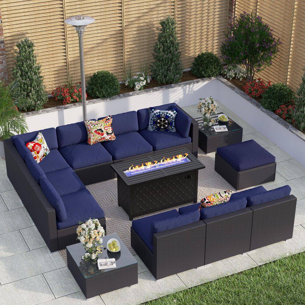 PHI VILLA Dark Brown Rattan Wicker 10 Seat 13-Piece Steel Outdoor Fire ...