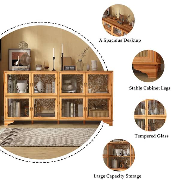 Brown Wood 78.7 in. W Display Cabinet Curio Cabinet Collectors Showcase with 8 Glass Doors Vintage Style