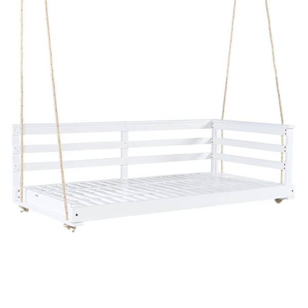 White 80 in. W Twin Size Acacia Wood Porch Swings Bed for Outdoor with ...