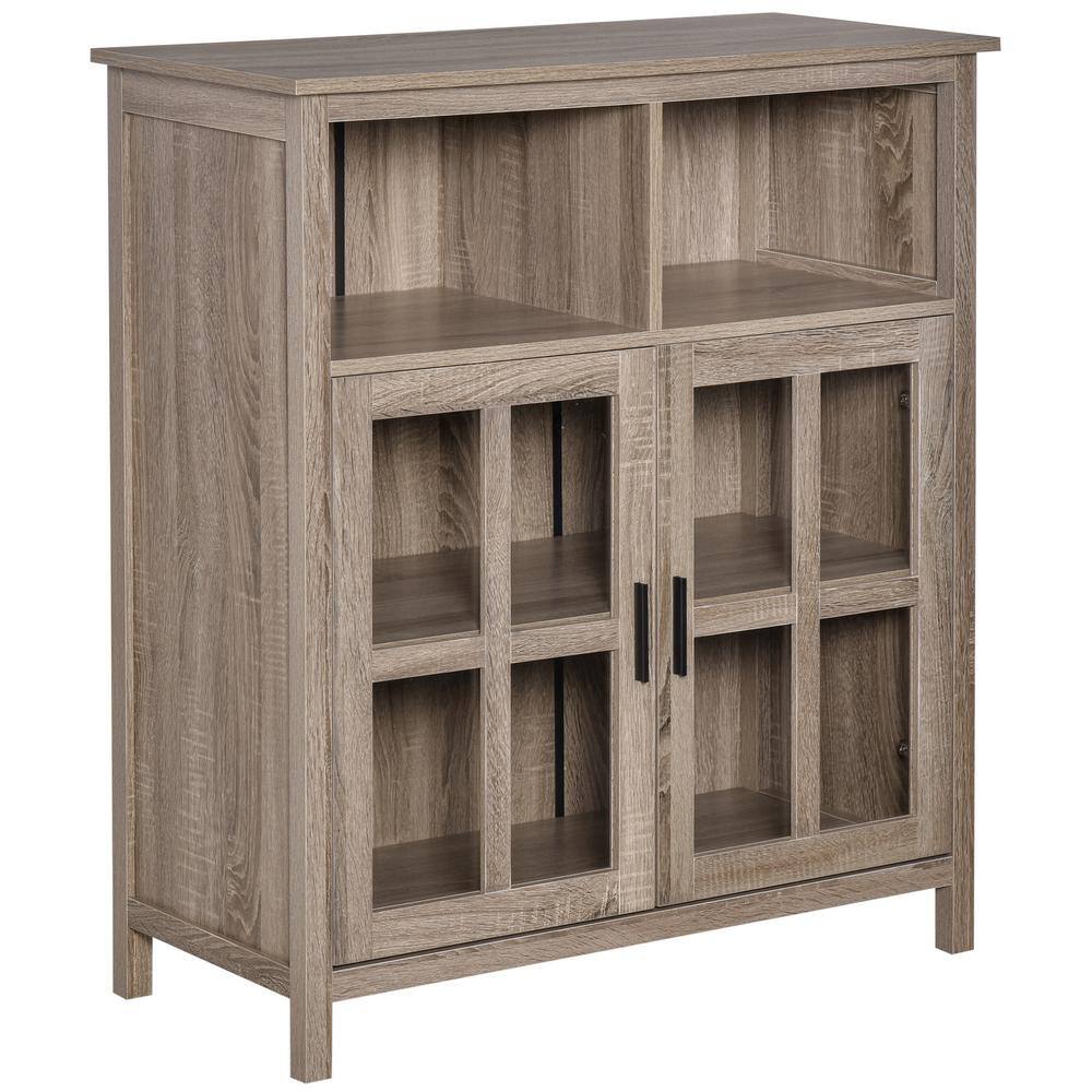 HOMCOM Oak Kitchen Storage Cabinet with 2-Cubbyholes Glass Door Cabinet ...