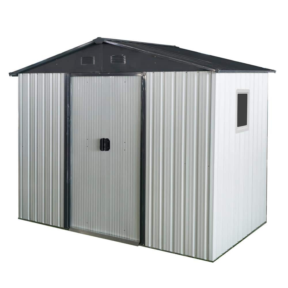 Sudzendf 4 ft. W x 8 ft. D Outdoor Metal Storage Shed-White and Black with Sliding Door and ...