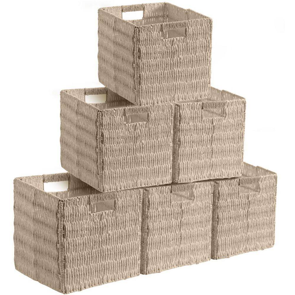 Ornavo Home Beige, 13 in. x 13 in. Paper Wicker Storage Decorative ...
