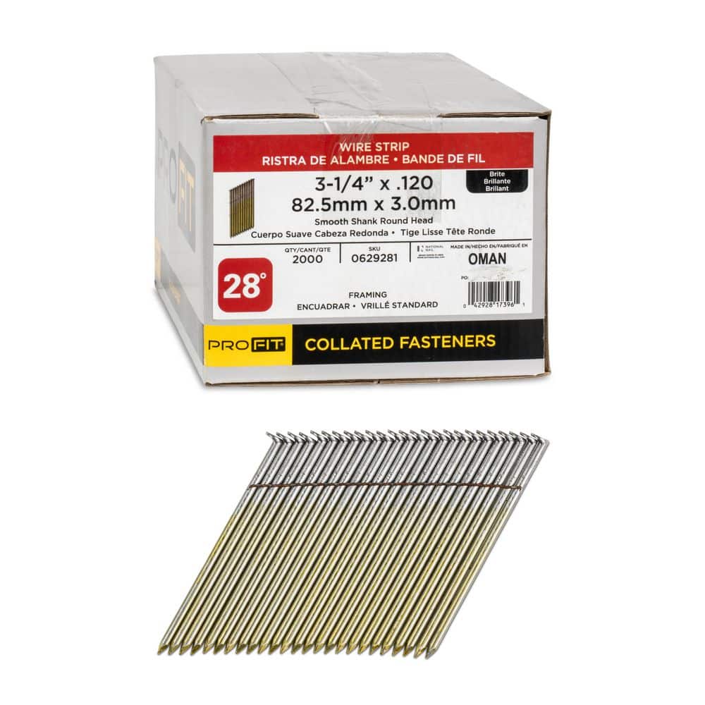 PRO-FIT 3-1/4 in. x 0.120 28° Bright Finish Smooth Shank Wire Strip ...