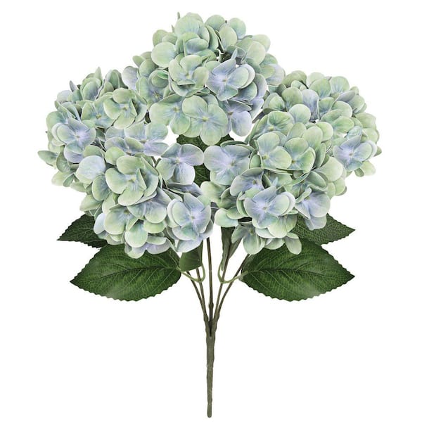 LIVING LUXURY 18 in. Mint Blue Natural Touch Artificial Hydrangea Flower Stem Bush Bouquet (Set ...
