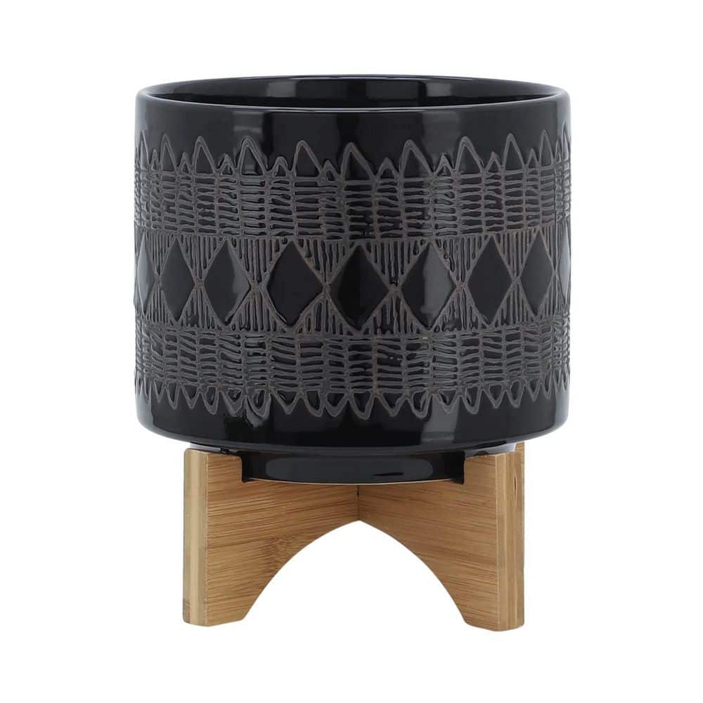 Cubilan 8 in. Ceramic AZTEC Planter W/ Stand, Indoor/Outdoor, Black-1 ...
