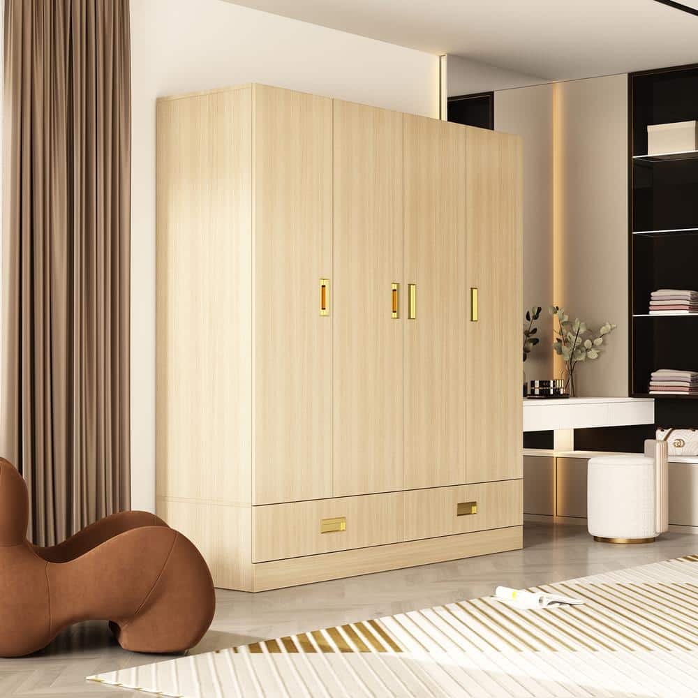 FUFU&GAGA Light Natural Wood 63 in. W 4-Door Big Wardrobe Armoires with ...