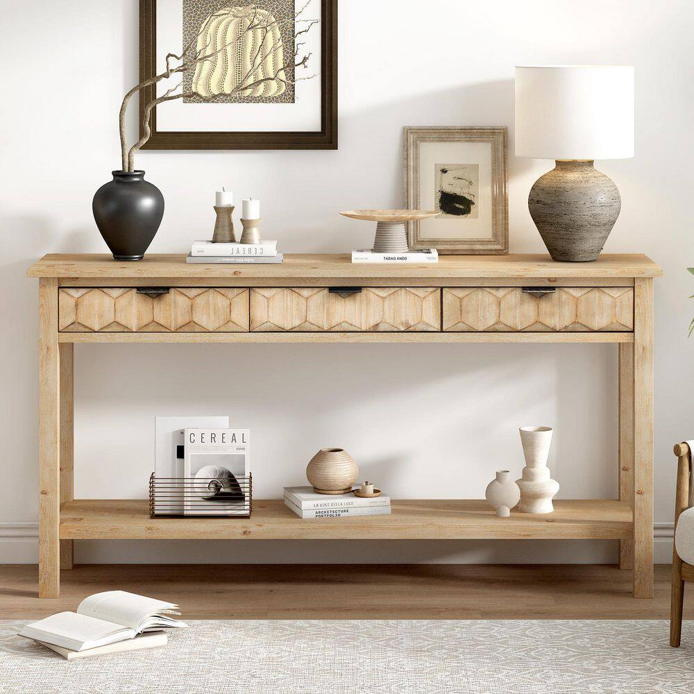 JUJABU 60 in. Natural Brown Rectangle MDF Console Table with Drawers ...