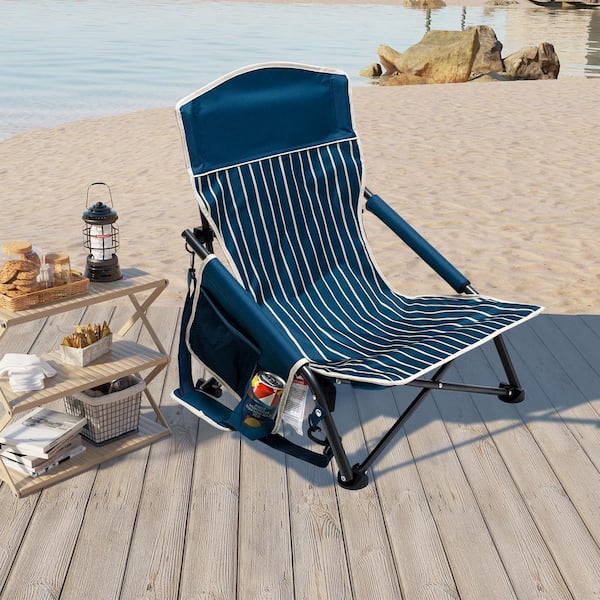 Clihome Outdoor Metal Frame Dark Blue Folding Beach Chair with Side Pocket CL CCAC2417GBU3