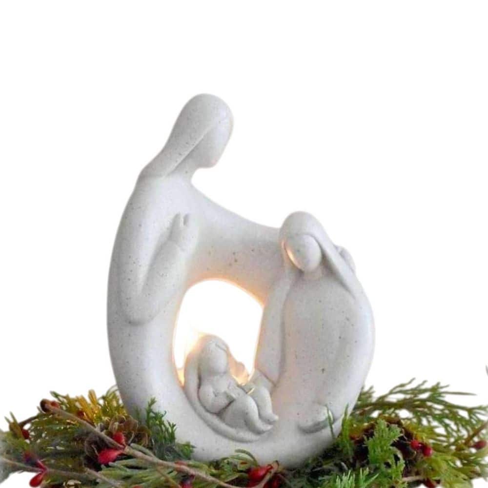 Nativity Set with LED Tealight Candle Holder White Polystone Holy ...