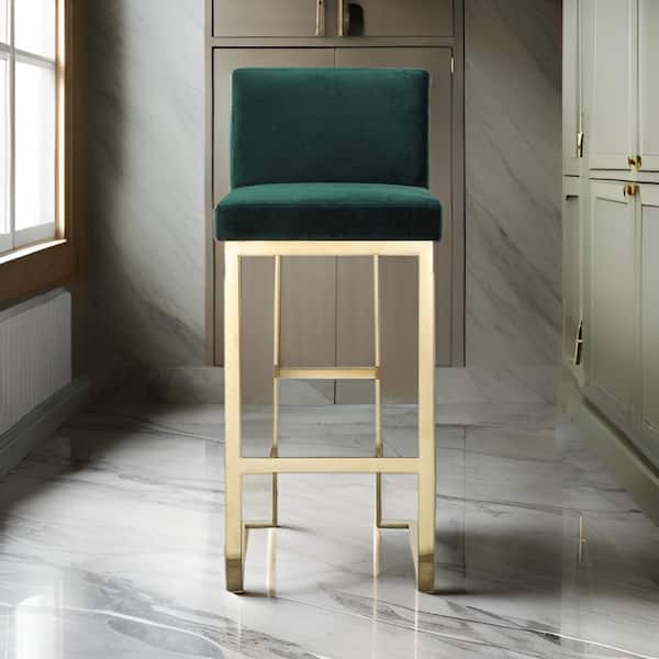Benjara 30 in. Green and Gold Low Back Metal Frame Bar Stool with ...
