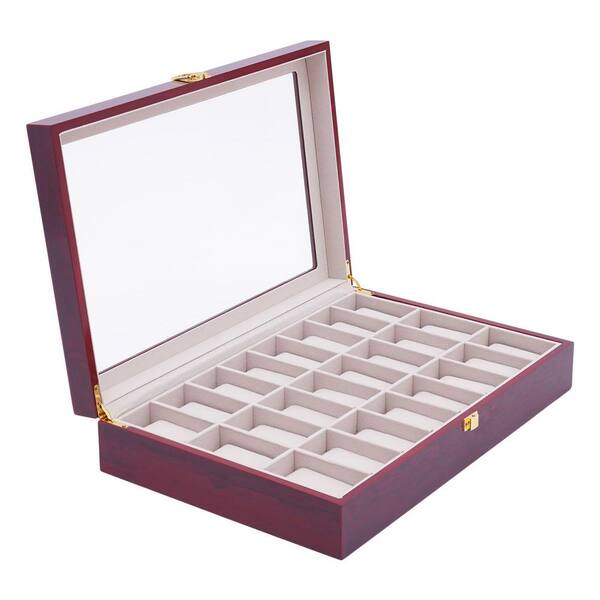 YIYIBYUS Claret 24 Slots Watch Box Glass Top Display Organizer Jewelry ...