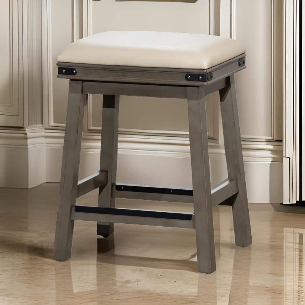Benjara 24 in. Gray Backless Wood Frame Bar Stool with Leather Seat ...