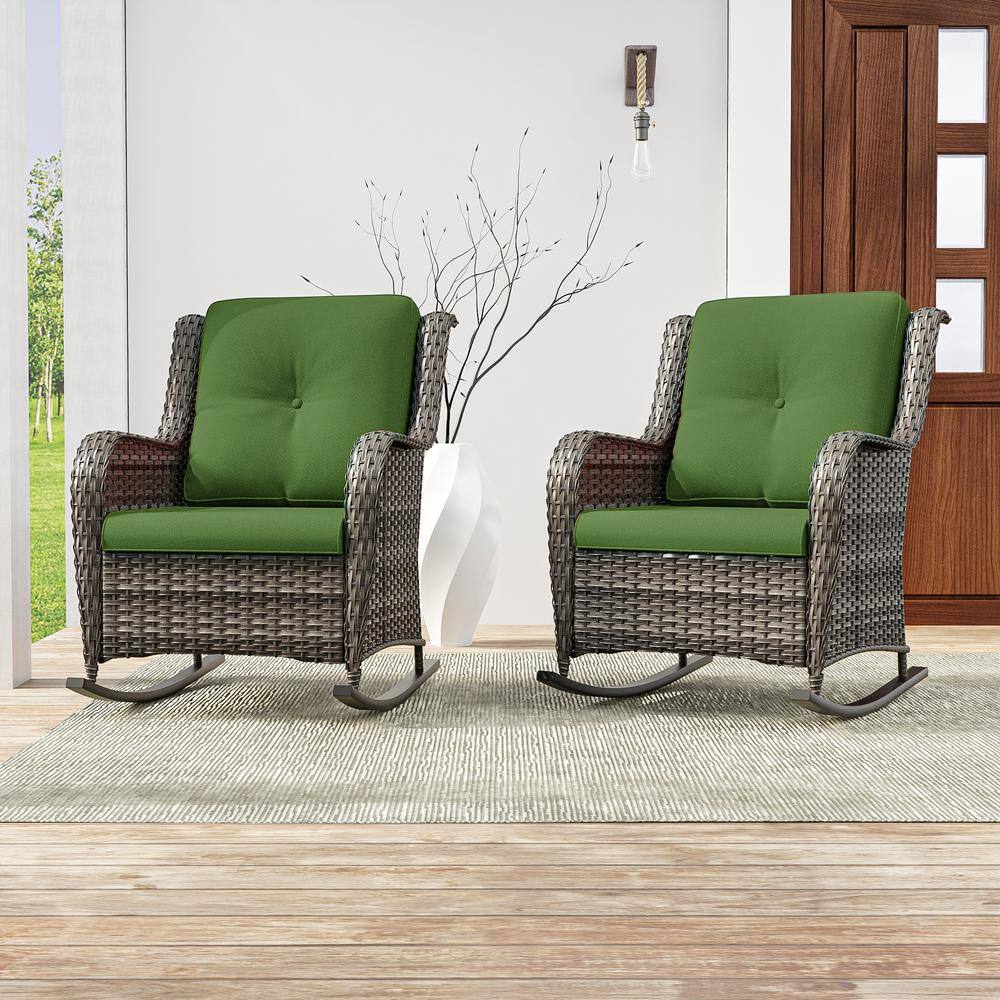 JOYSIDE Wicker Outdoor Rocking Chair Patio with Green Cushion (2-Pack ...