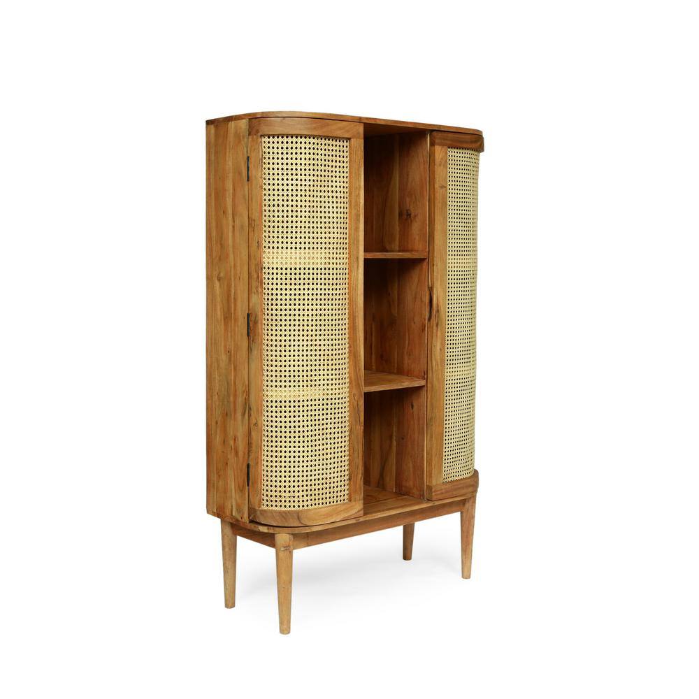Noble House Thayer 62 in. Natural Acacia Wood and Cane 3 Shelf Storage ...