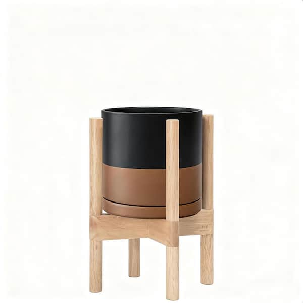 OGETFUUR Black Speckled Tan Ceramic Round Flower Planter Pot with Wood ...