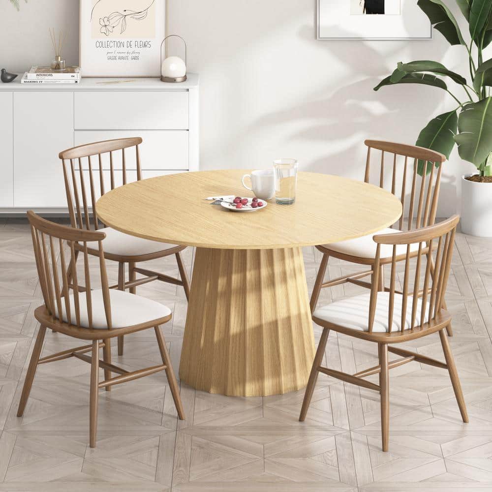 Lirago Round Oak Wood 46 in. Column Base Dining Table Seats 4 HD ...