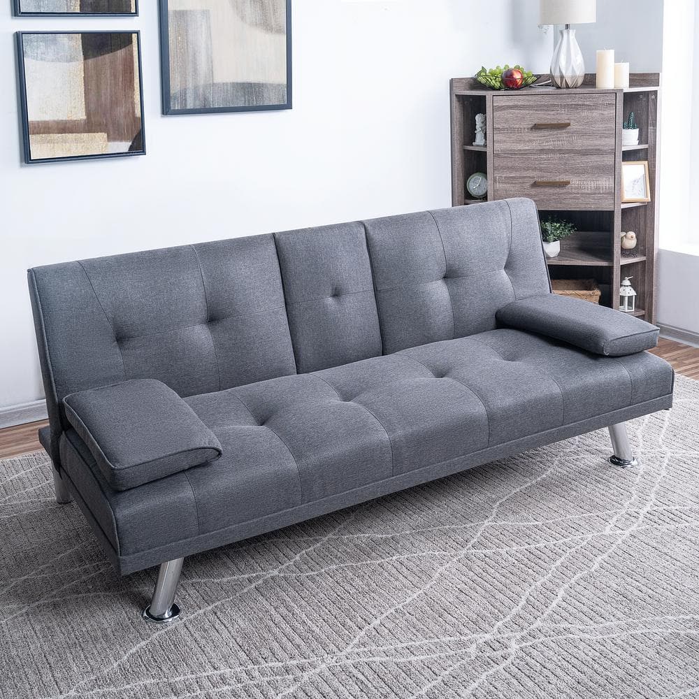 HOMESTOCK Dark Gray, Futon Sofa Bed Linen Futon Couch with Armrest and ...