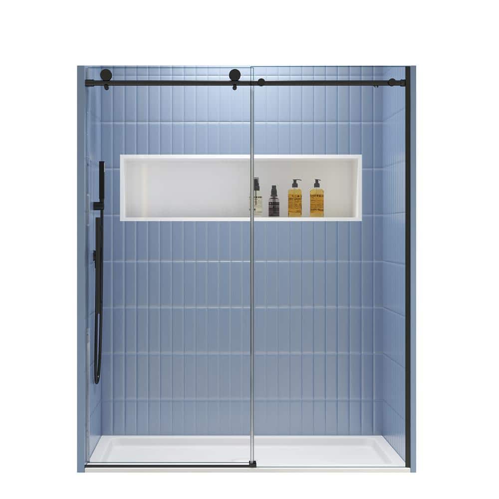 JimsMaison 60 in. W x 74 in. H Sliding Semi-Frameless Shower Door in Matte Black Finish with ...