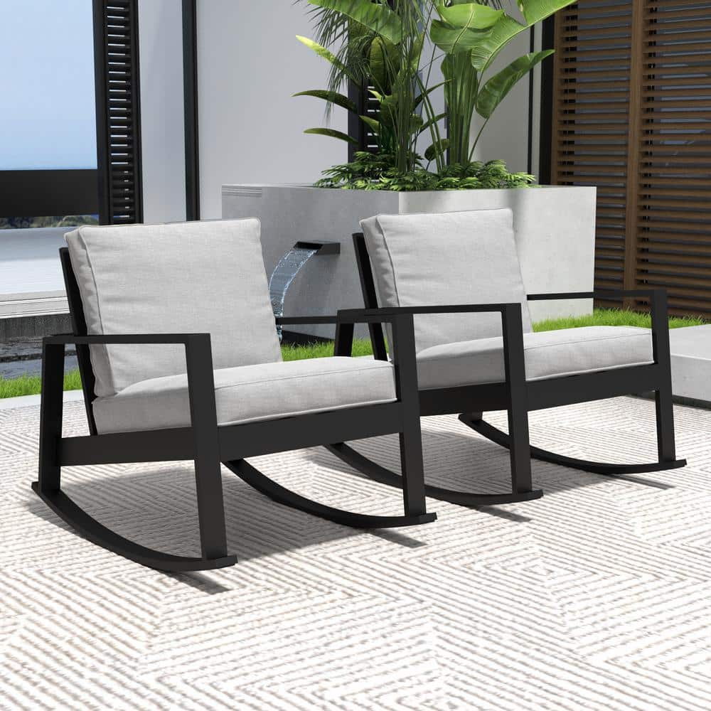 SUNVIVI Aluminum Outdoor Rocking Chair with Light Gray Cushions ...